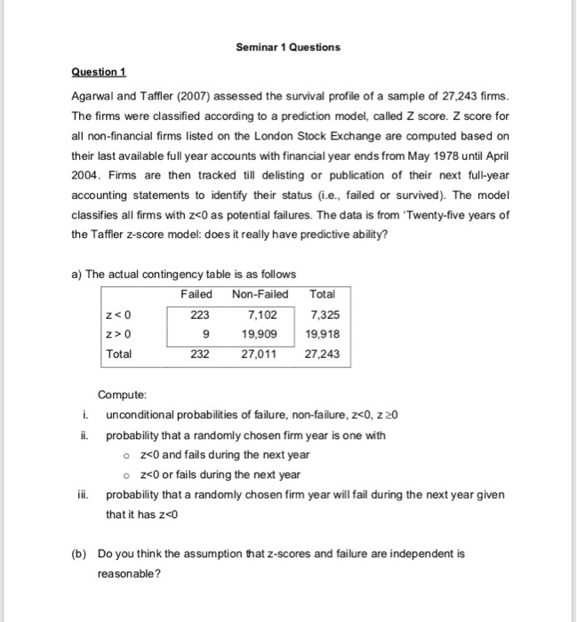Solved Seminar 1 Questions Question 1 Agarwal and Taffler | Chegg.com