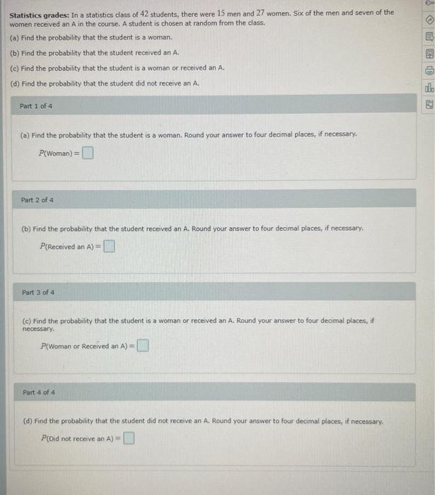 Solved Statistics grades: In a statistics class of 42 | Chegg.com