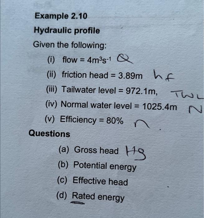 Solved Example 2.10 Hydraulic profile Given the following: | Chegg.com