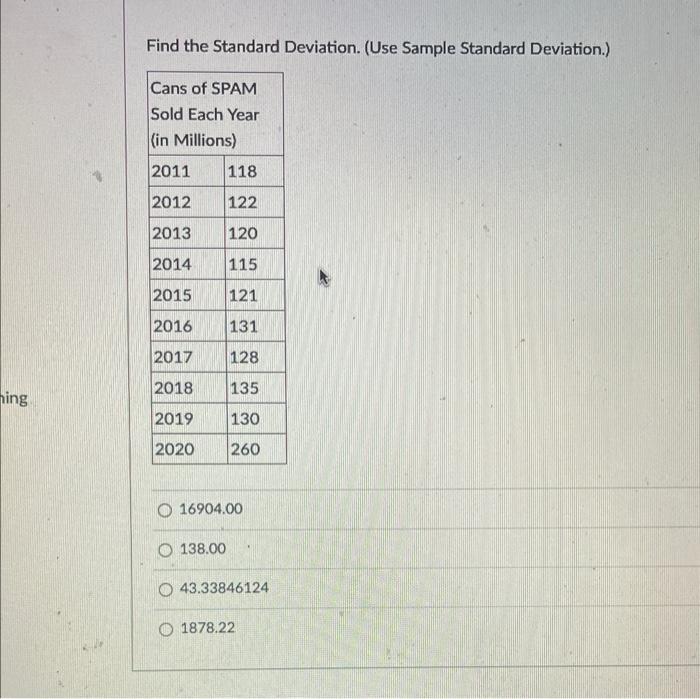 Solved Find the Standard Deviation. (Use Sample Standard | Chegg.com