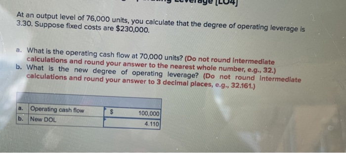 Solved At an output level of 76,000 units, you calculate | Chegg.com