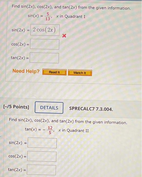 Solved Find sin(2x),cos(2x), and tan(2x) from the given | Chegg.com