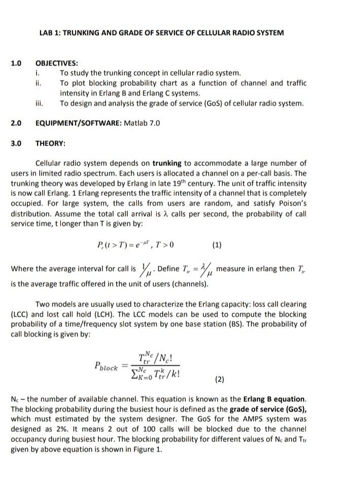 LAB 1: TRUNKING AND GRADE OF SERVICE OF CELLULAR | Chegg.com