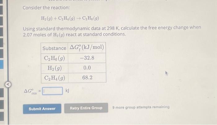 Solved Consider the reaction: H2(g)+C2H4(g)→C2H6(g) Using | Chegg.com