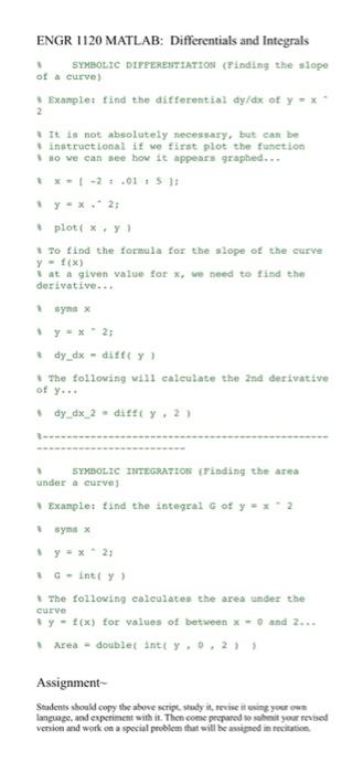 ENGR 1120 MATLAB: Differentials and Integrals I. | Chegg.com