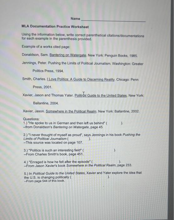 MLA Documentation Practice Worksheet Using the | Chegg.com