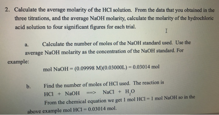 Solved 2. Calculate the average molarity of the HCl | Chegg.com