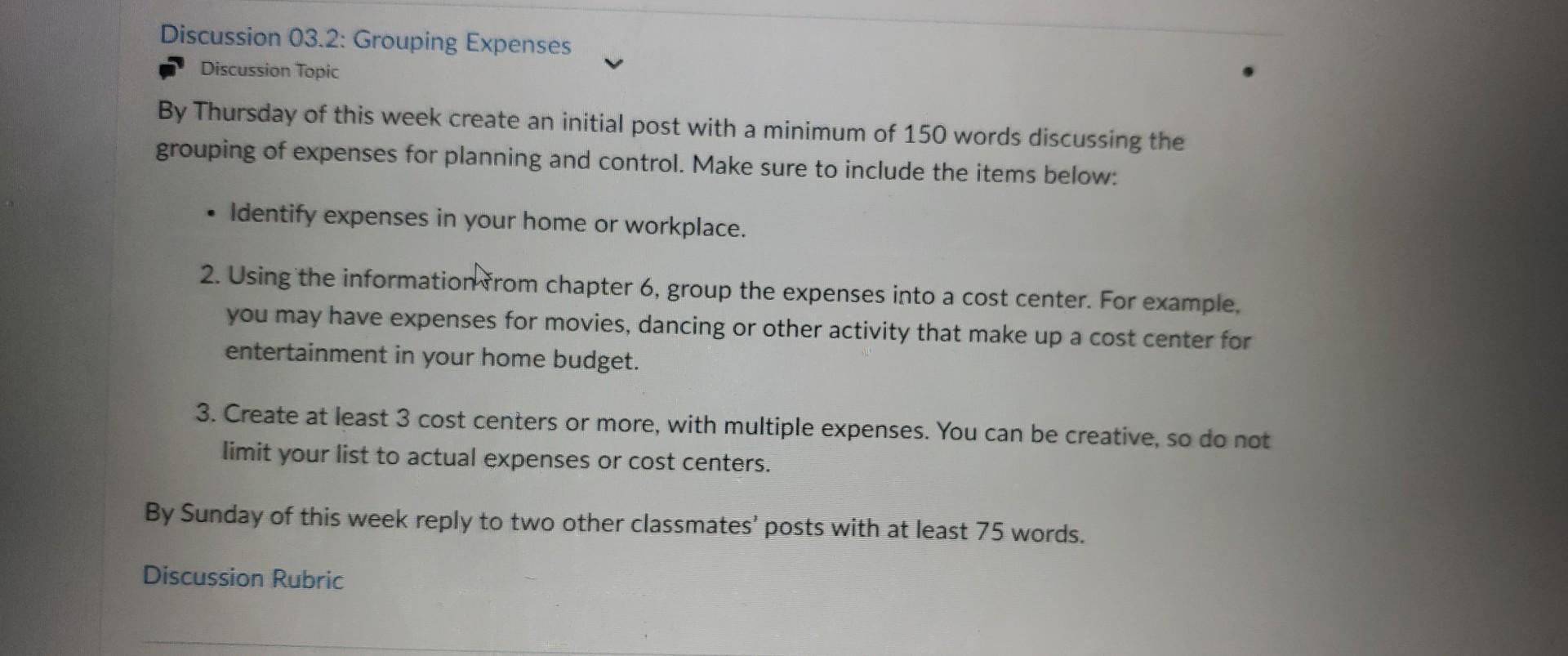 Discussion 03.2: Grouping Expenses Discussion Topic | Chegg.com