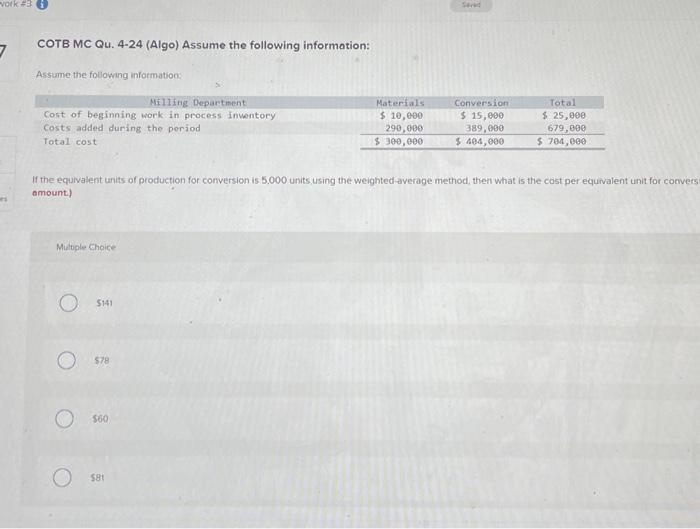 Solved COTB MC Qu. 4-24 (Algo) Assume the following | Chegg.com