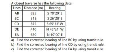 Solved A closed traverse has the following data: a) Find | Chegg.com