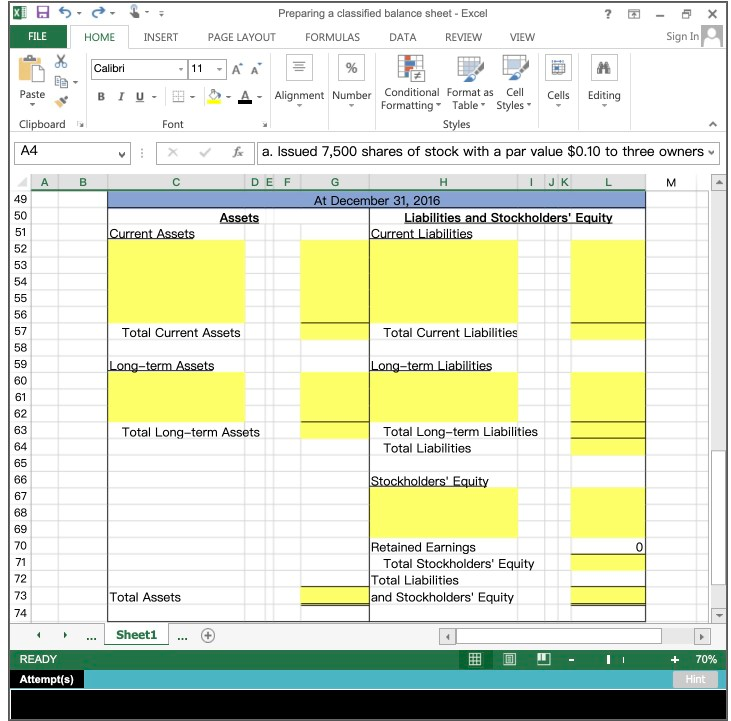 Solved Preparing a Classified Balance Sheet using Excel's | Chegg.com