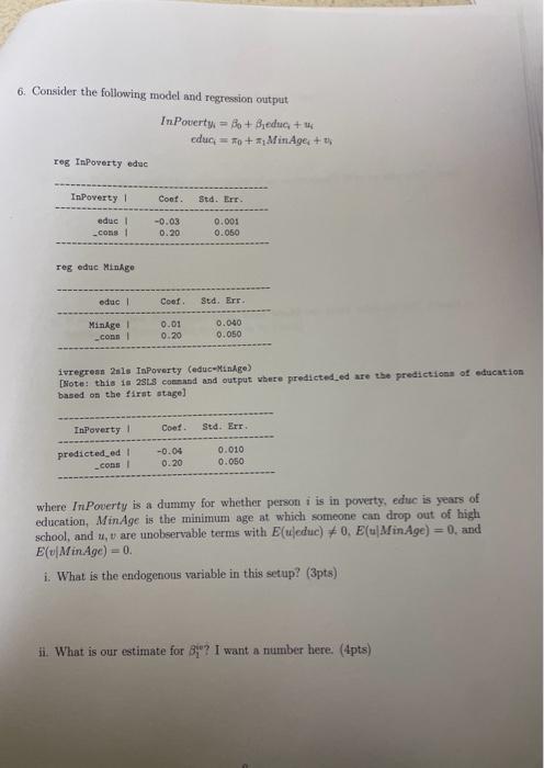 Solved 6. Consider the following model and regression | Chegg.com