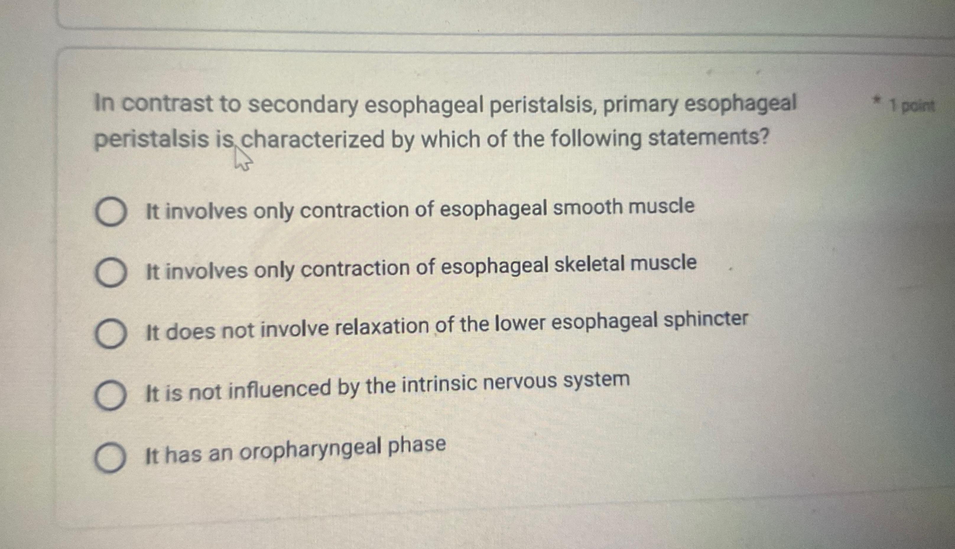 Solved In contrast to secondary esophageal peristalsis, | Chegg.com