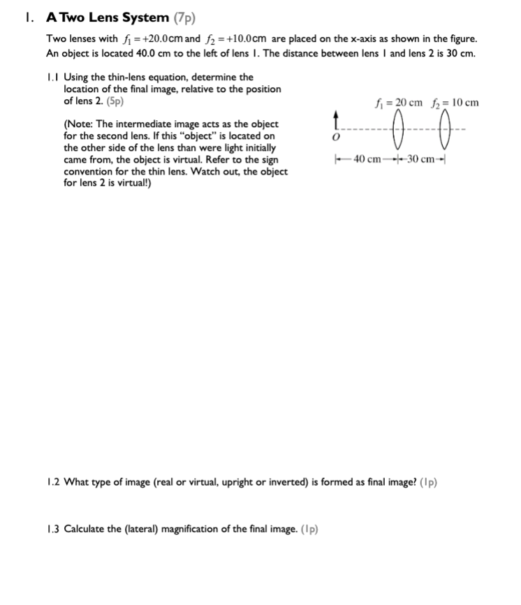 Solved I. A Two Lens System (7p) ﻿Two lenses with | Chegg.com