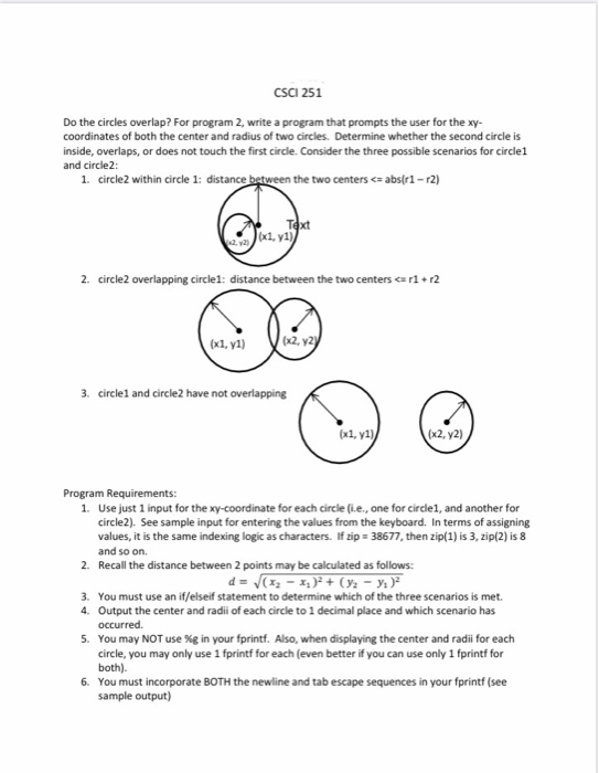 Solved CSCI 251 Do the circles overlap? For program 2, write | Chegg.com