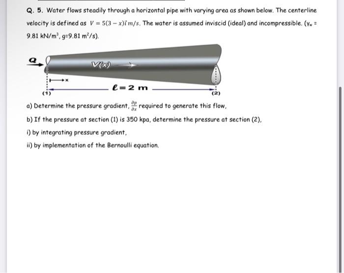 Solved Q. 5. Water flows steadily through a horizontal pipe | Chegg.com