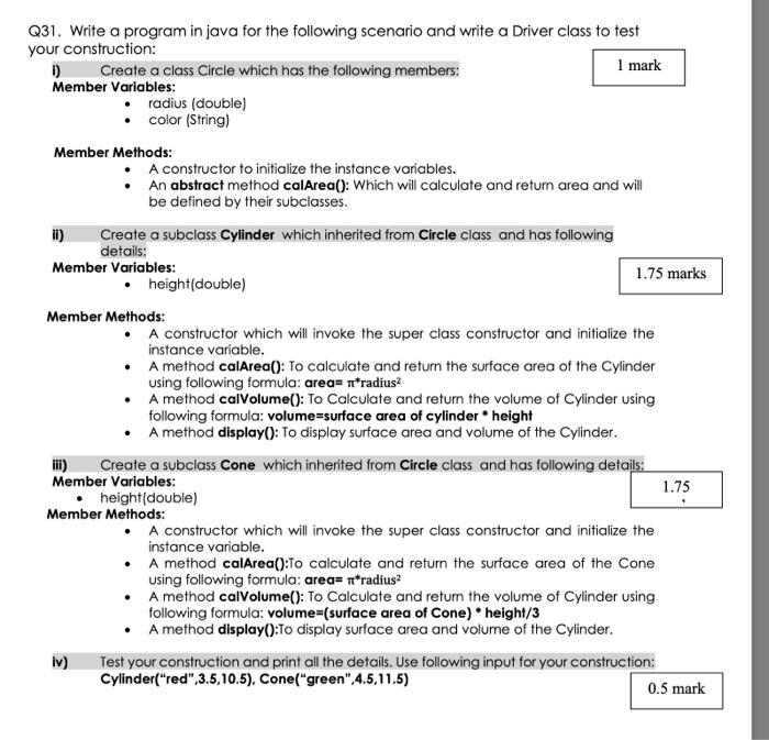 Solved Q31. Write a program in java for the following | Chegg.com