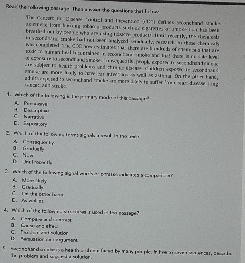 Solved Read the following passage. Then answer the questions | Chegg.com