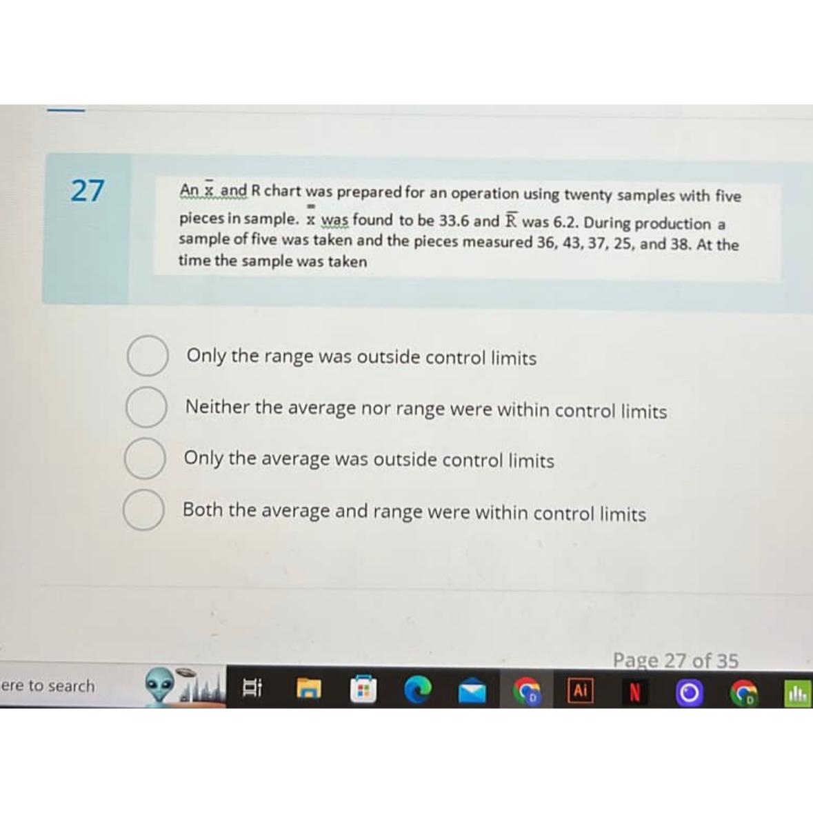 Solved 27 ﻿An x‾ ﻿and R ﻿chart was prepared for an operation | Chegg.com