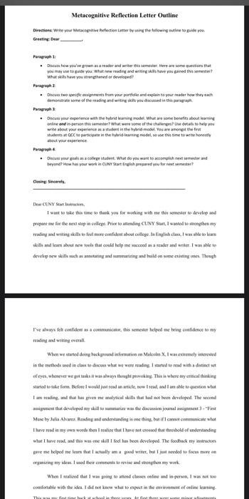 Metacognitive Reflection Letter Outline Directionere | Chegg.com