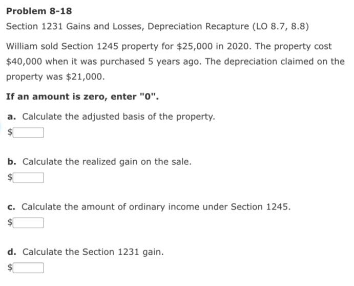 Solved Problem 8-18 Section 1231 Gains and Losses, | Chegg.com