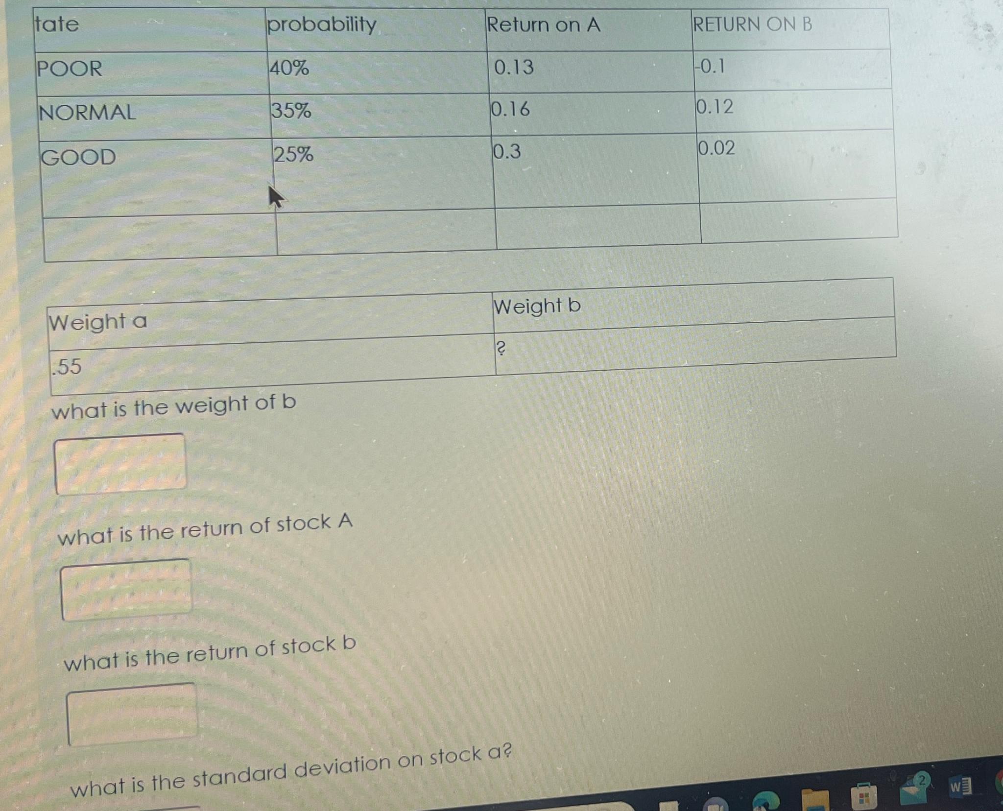 Solved \table[[tate,probability,Return on A,RETURN ON | Chegg.com
