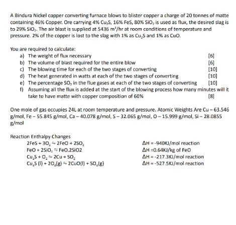 Solved A Bindura Nickel copper converting furnace blows to | Chegg.com