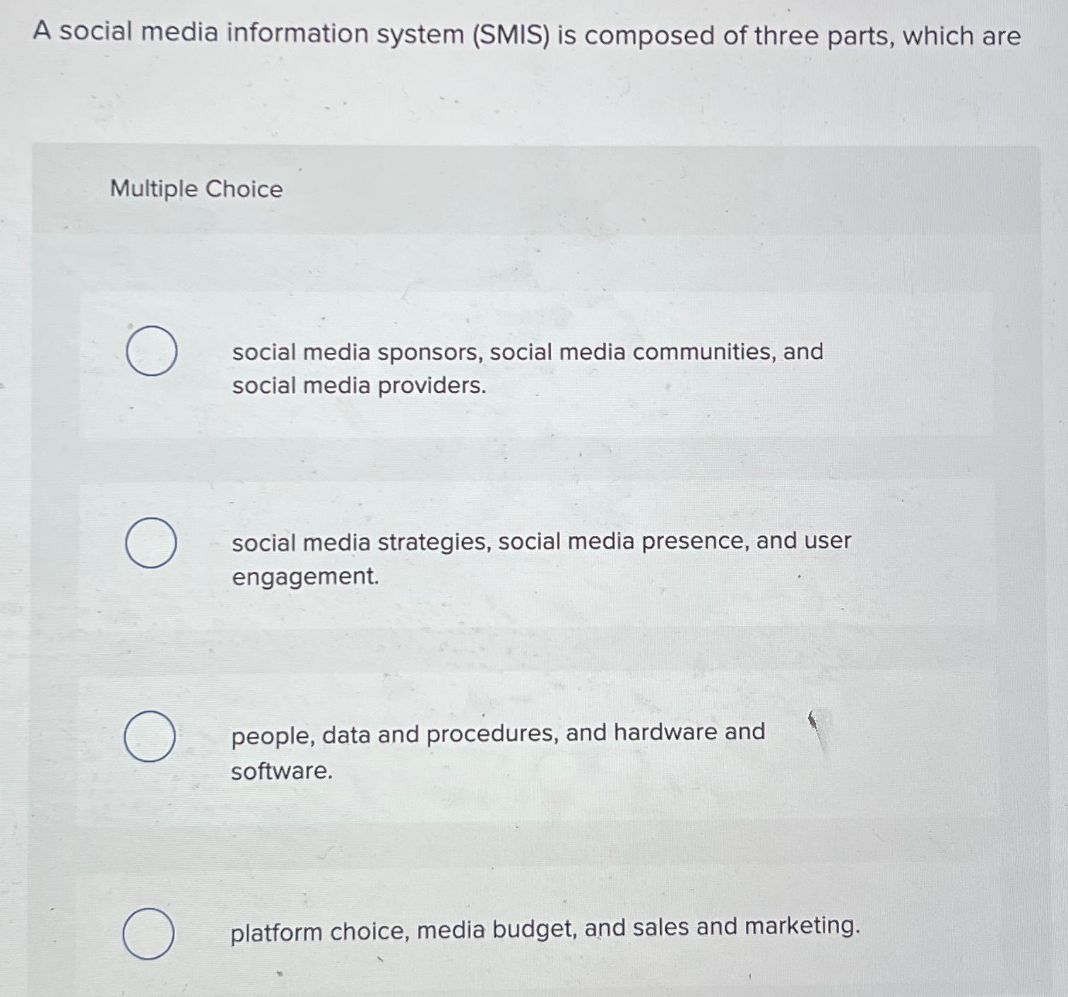 Solved A social media information system (SMIS) ﻿is composed | Chegg.com