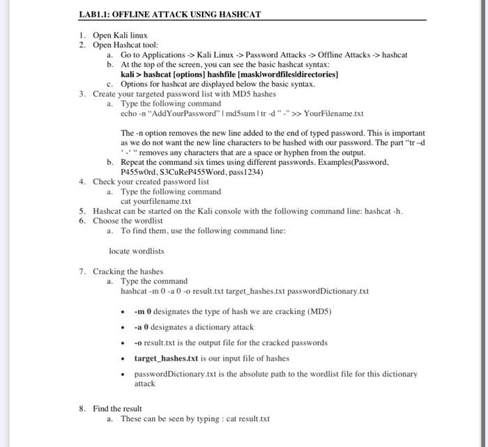 Solved LAB1.1: OFFLINE ATTACK USING HASHCAT 1. Open Kali | Chegg.com