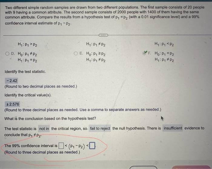 Solved Two different simple random samples are drawn from | Chegg.com