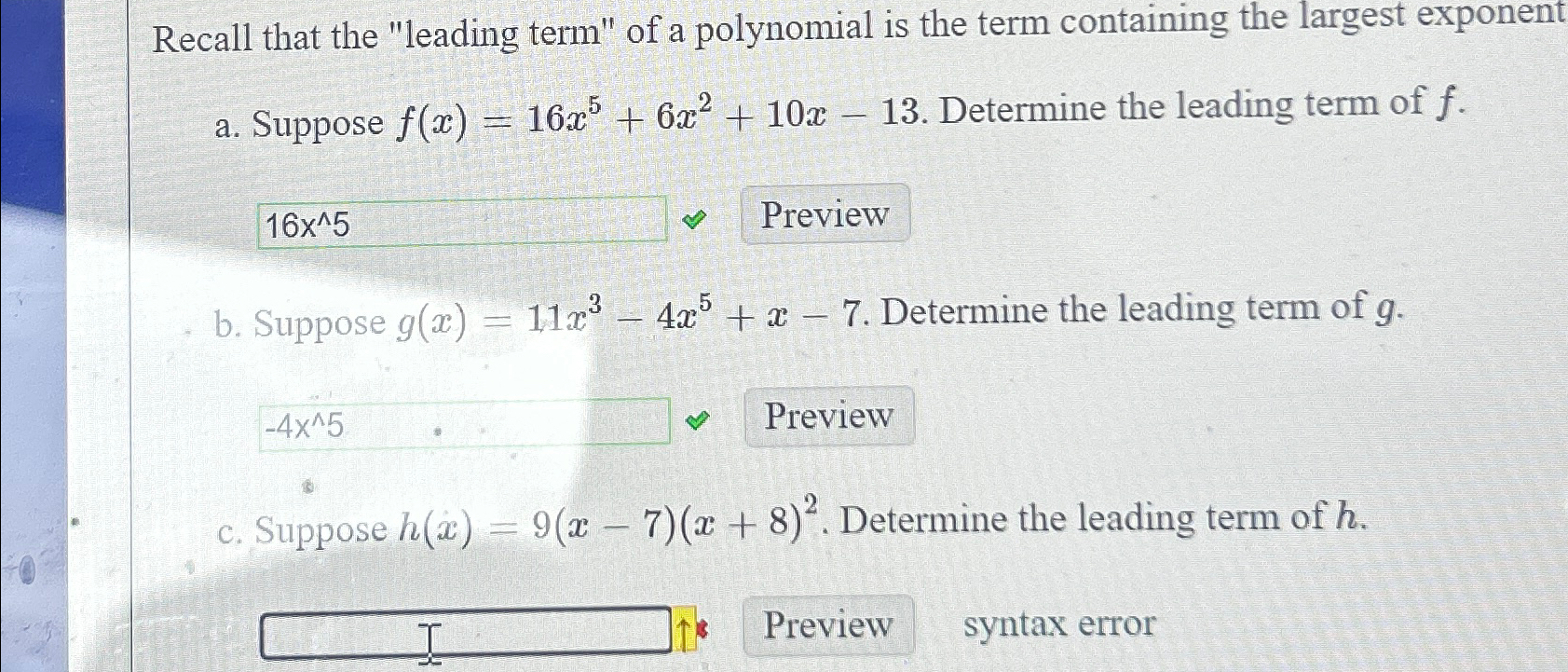 Solved Recall that the "leading term" of a polynomial is the | Chegg.com