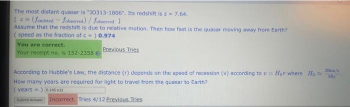 Solved The most distant quasar is "J0313-1806", its redshift | Chegg.com