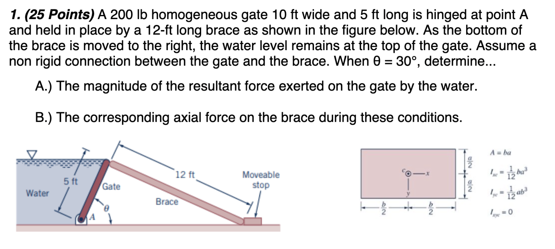 Solved 1. (25 ﻿Points) ﻿A 200 ﻿lb homogeneous gate 10 ﻿ft | Chegg.com