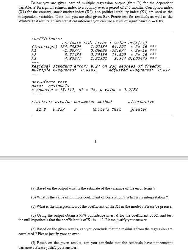 Solved Below You Are Given Part Of Multiple Regression