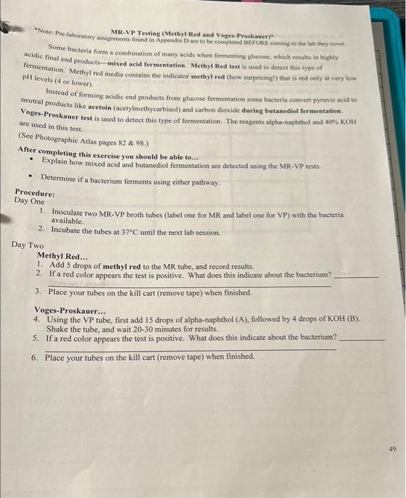 Solved MR-VP Testing (Methy1 Red and Voses-Proskaner)* Some | Chegg.com