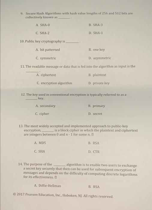 Solved 9. Secure Hash Algorithms with hash value lengths of | Chegg.com