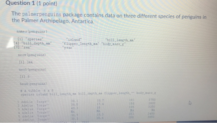 Solved Question 1 (1 point) The palmerpenguins package | Chegg.com