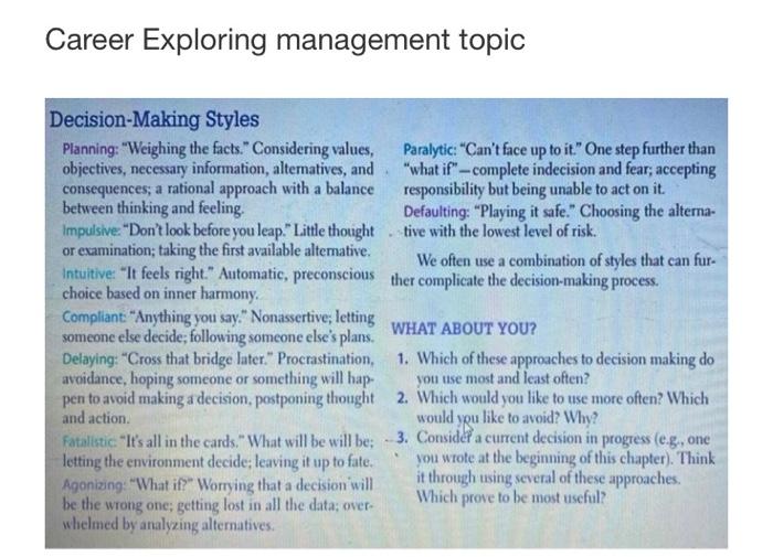 Solved Career Exploring management topic Decision-Making | Chegg.com