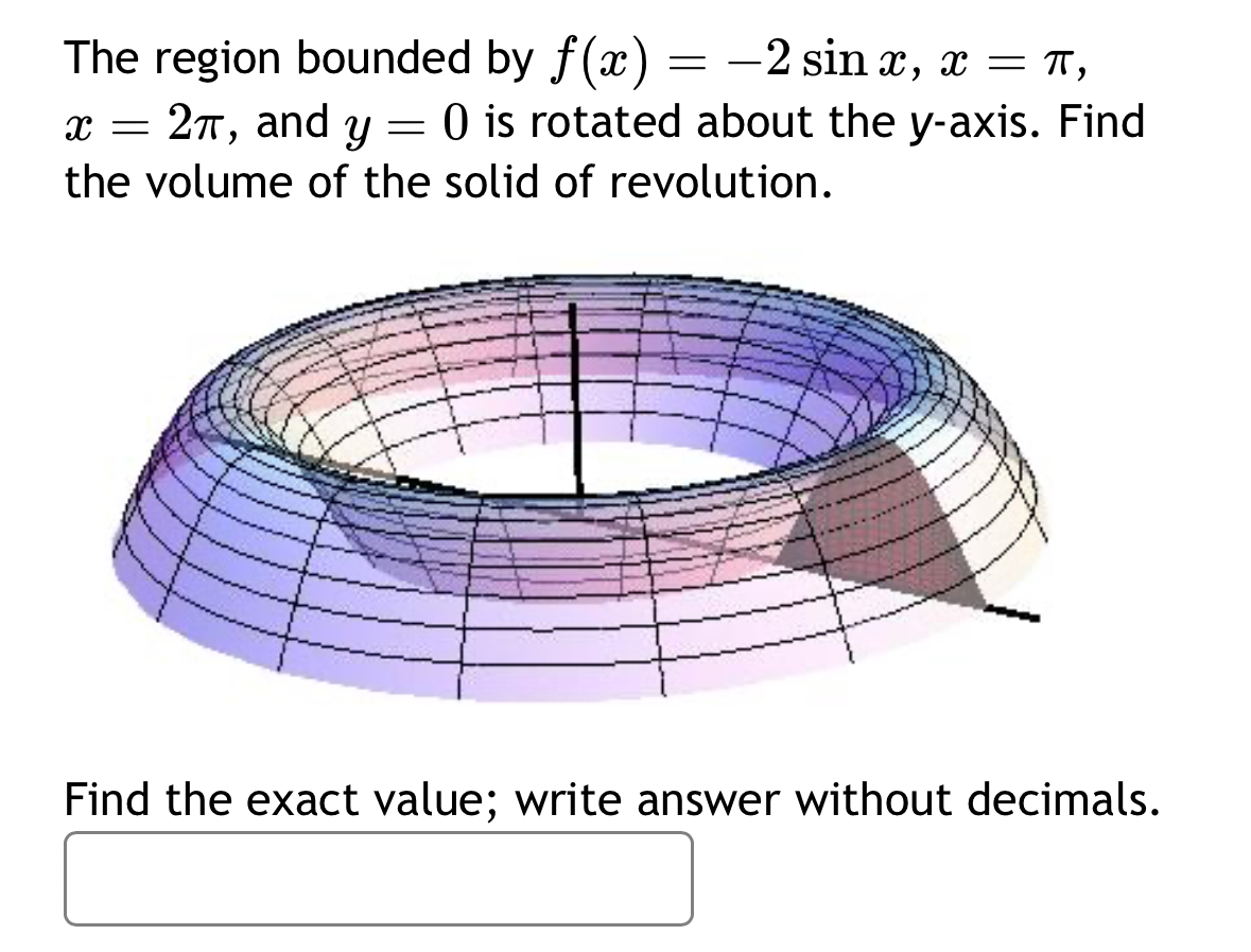 Solved The region bounded by f(x)=-2sinx,x=π, x=2π, ﻿and y=0 | Chegg.com