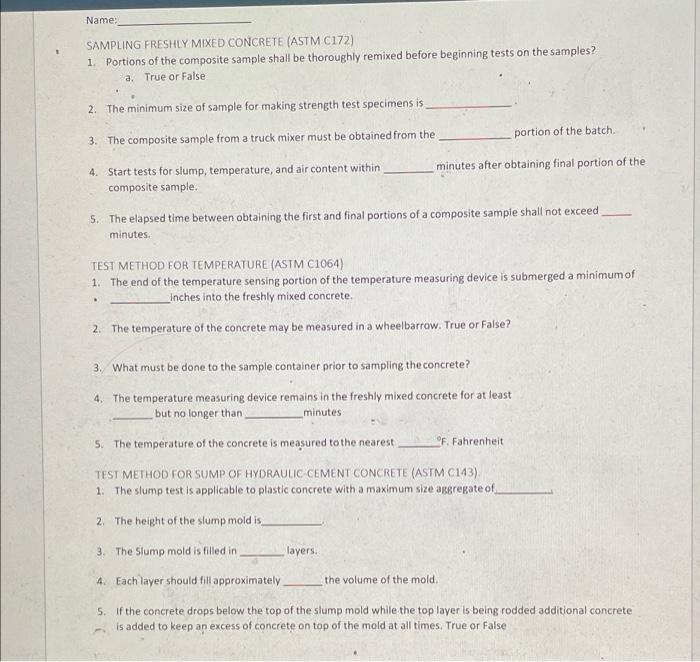 Solved Name: SAMPLING FRESHLY MIXED CONCRETE (ASTM C172) 1. | Chegg.com