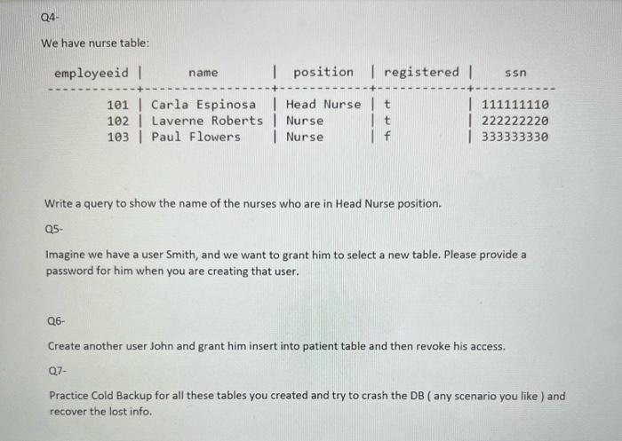 Solved We have nurse table: Write a query to show the name | Chegg.com