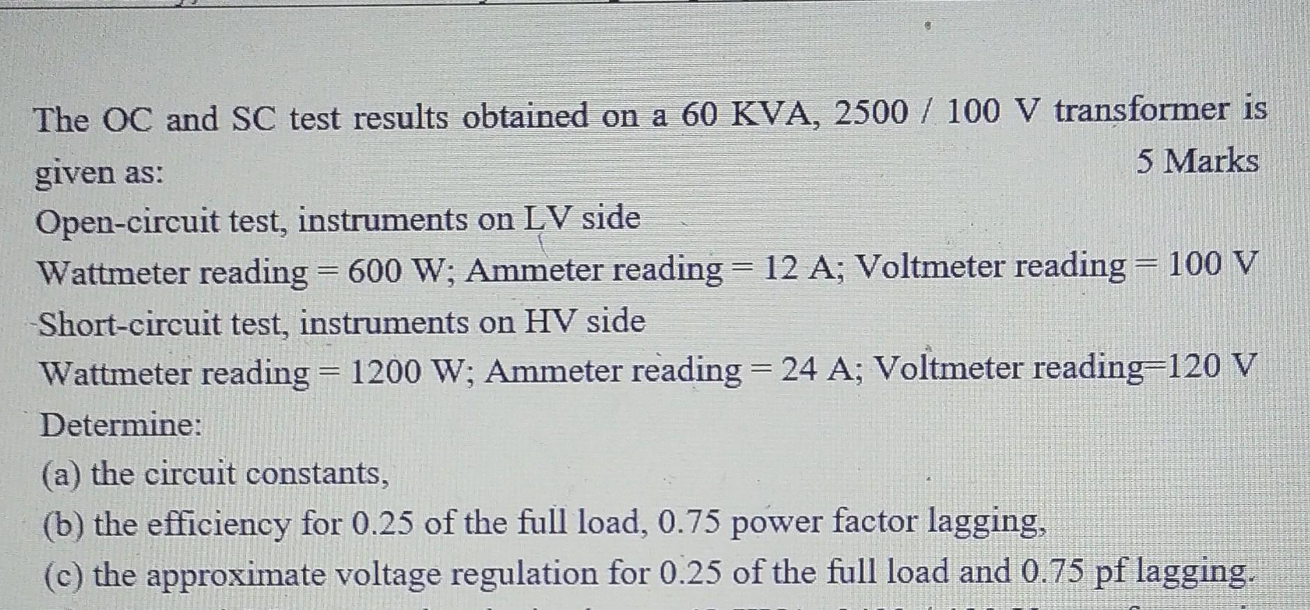 Solved The OC and SC test results obtained on a | Chegg.com