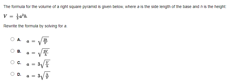 Solved The formula for the volume of a right square pyramid | Chegg.com