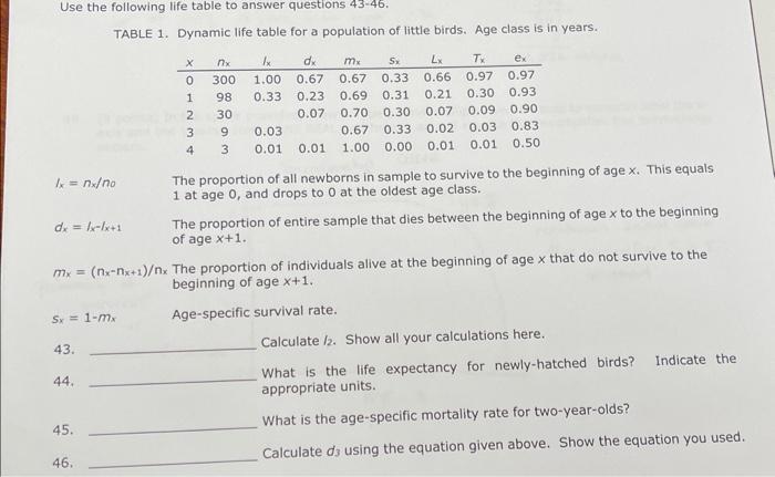 Solved TABLE 1. Dynamic life table for a population of | Chegg.com