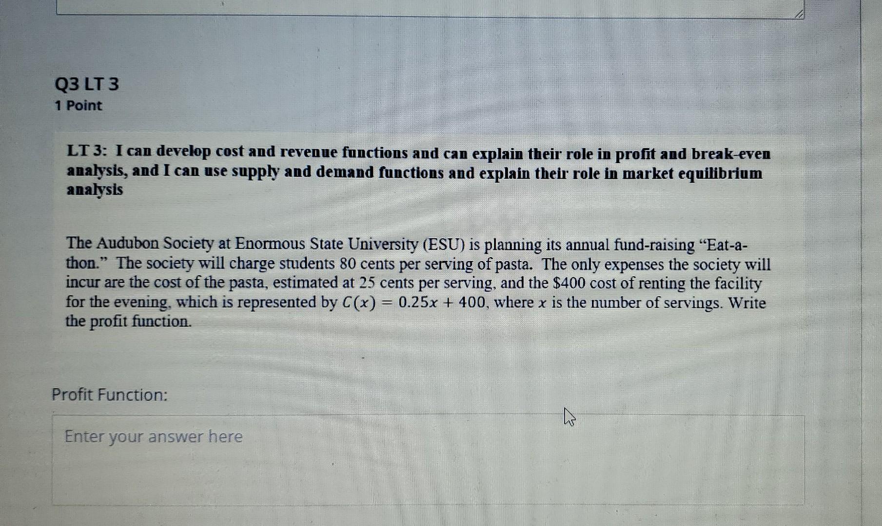 Solved LT 3: I can develop cost and revenue functions and | Chegg.com