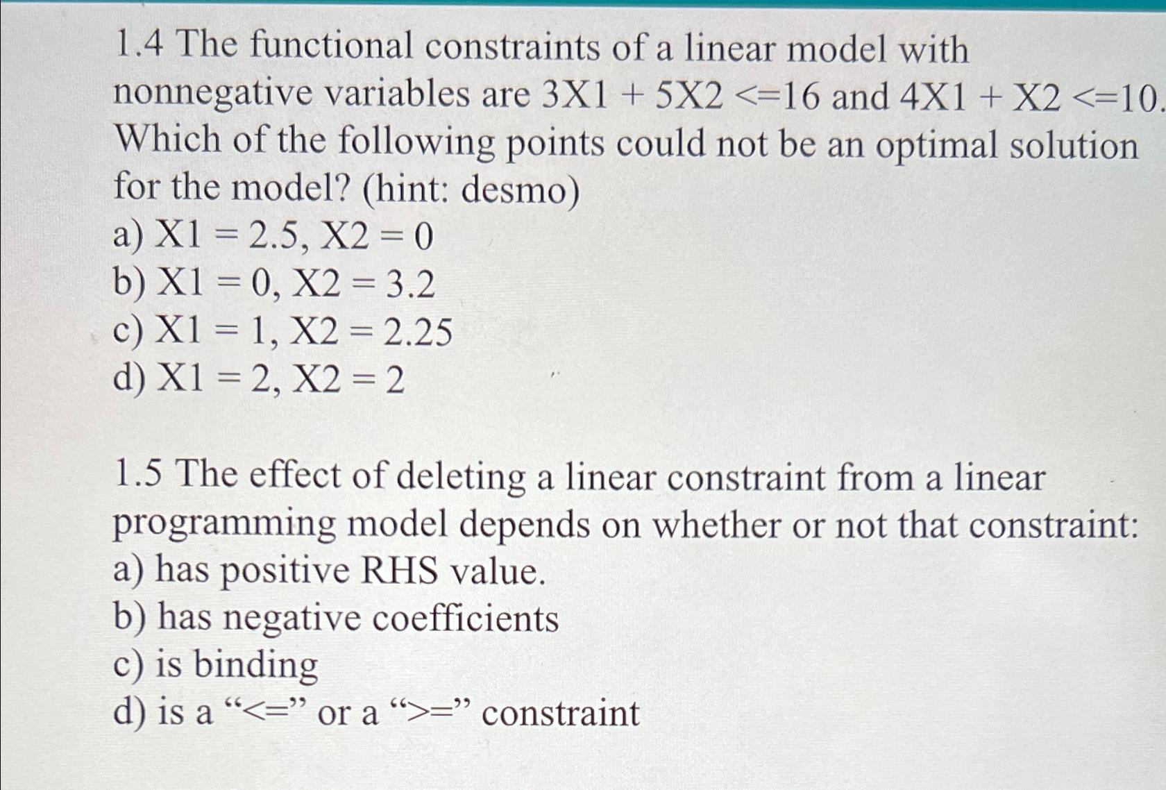 Solved 1.4 ﻿The functional constraints of a linear model | Chegg.com