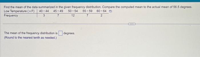 Solved Find the mean of the data summarized in the given | Chegg.com