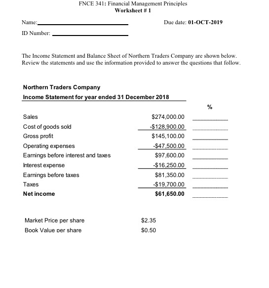 FNCE 341: Financial Management Principles Worksheet | Chegg.com