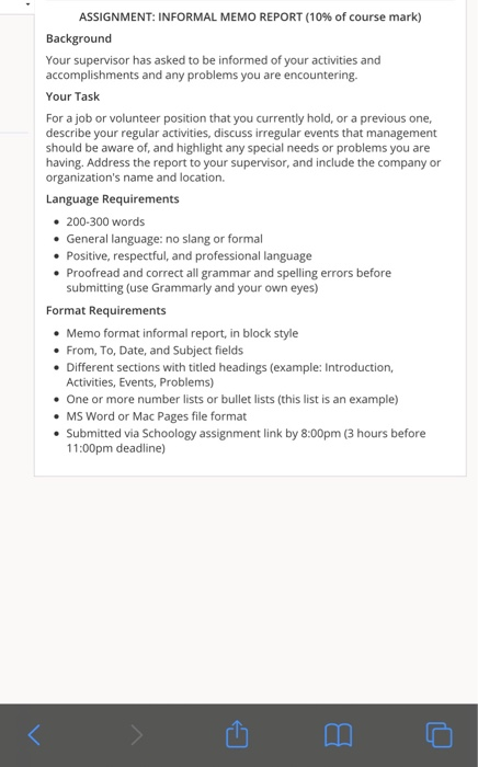 Solved ASSIGNMENT: INFORMAL MEMO REPORT (10% of course mark) | Chegg.com
