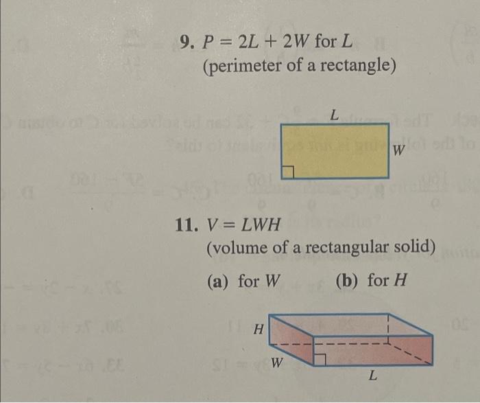 Solved 9. P=2L+2W for L (perimeter of a rectangle) 11. V=LWH | Chegg.com